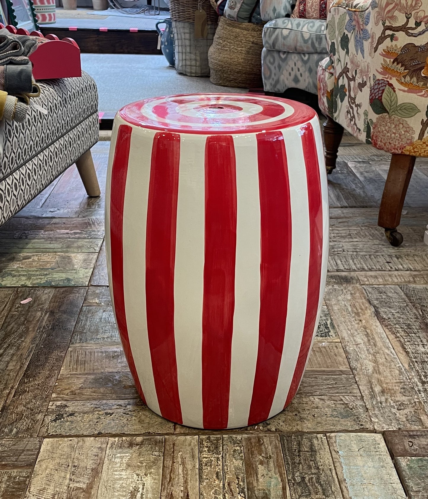 Red Striped Ceramic Stool – Upstairs Downstairs Interiors